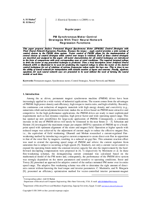 (PDF) PM Synchronous Motor Control Strategies with Their Neural Network Regression Functions
