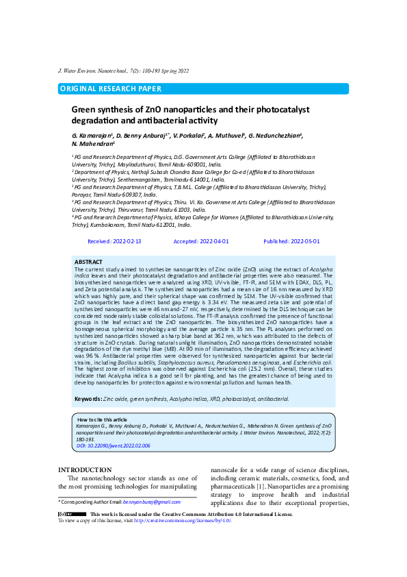 Pdf Green Synthesis Of Zno Nanoparticles And Their Photocatalyst Degradation And Antibacterial
