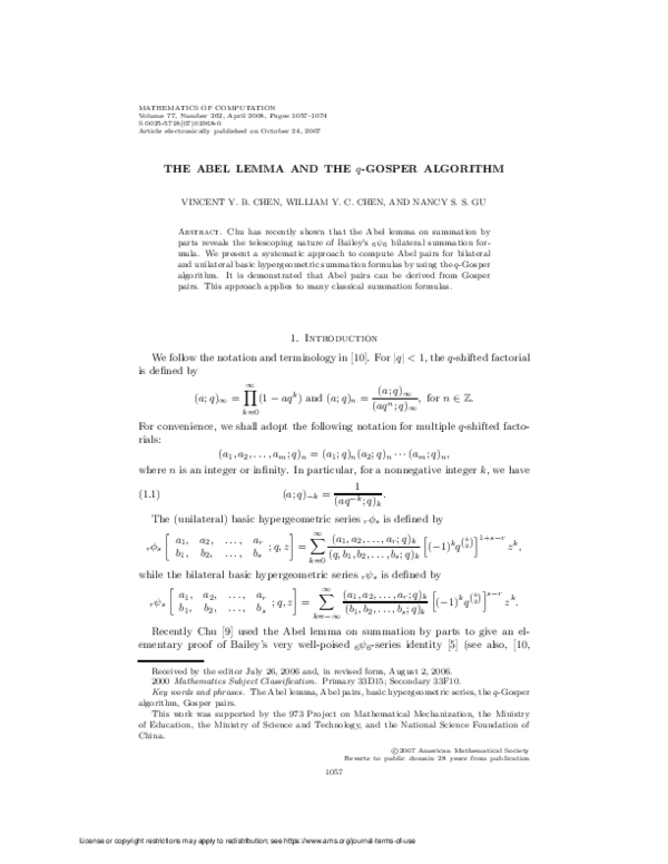 (PDF) The Abel lemma and the q-Gosper algorithm