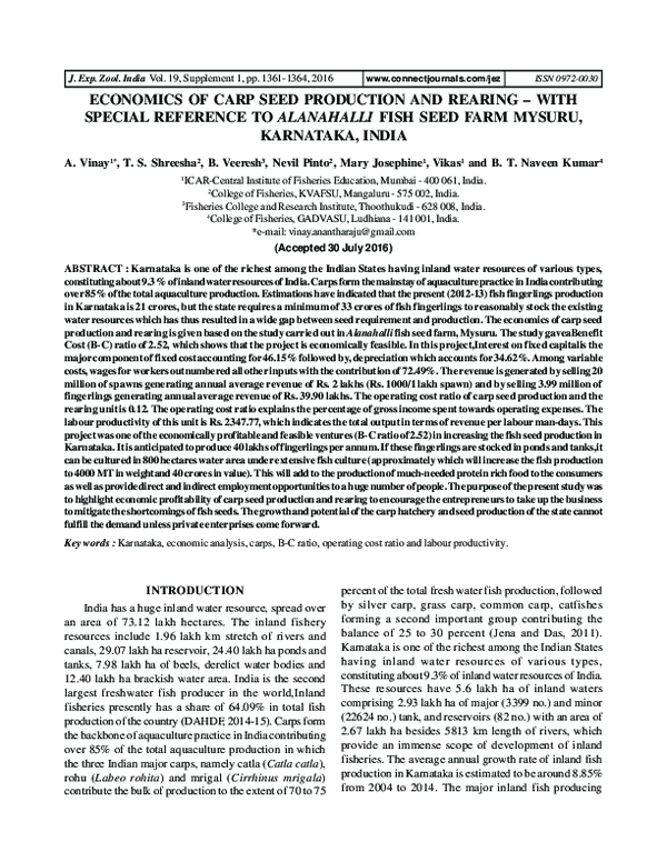 (PDF) ECONOMICS OF CARP SEED PRODUCTION AND REARING -WITH SPECIAL REFERENCE TO ALANAHALLI FISH ...