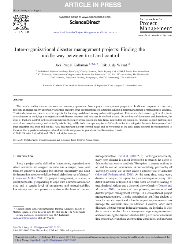 (PDF) Inter-organizational disaster management projects: Finding the ...