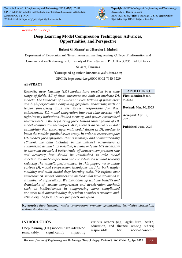 (PDF) Deep Learning Model Compression Techniques: Advances, Opportunities, and Perspective