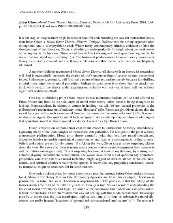 (PDF) Jonas Olson , Moral Error Theory: History, Critique, Defence ...