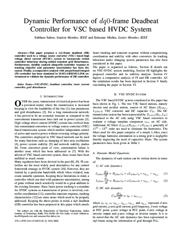 (PDF) Dynamic performance of dq0-frame deadbeat controller for VSC based HVDC system
