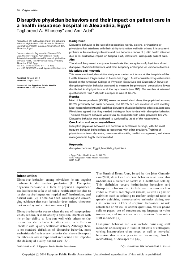 (PDF) Disruptive physician behaviors and their impact on patient care ...