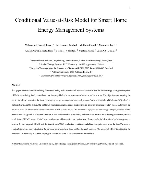 (PDF) Conditional value-at-risk model for smart home energy management systems