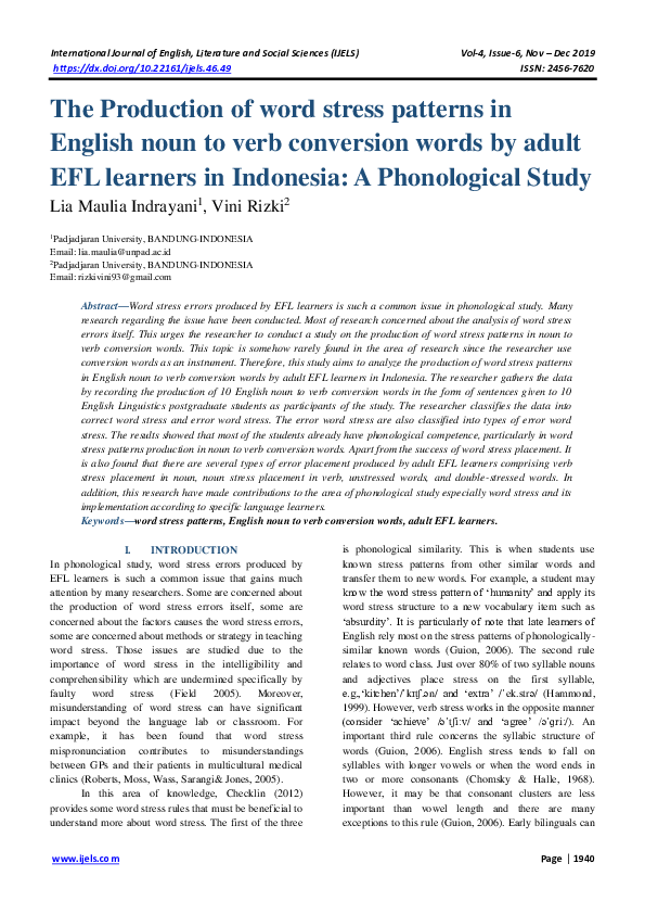 (PDF) The Production of word stress patterns in English noun to verb ...