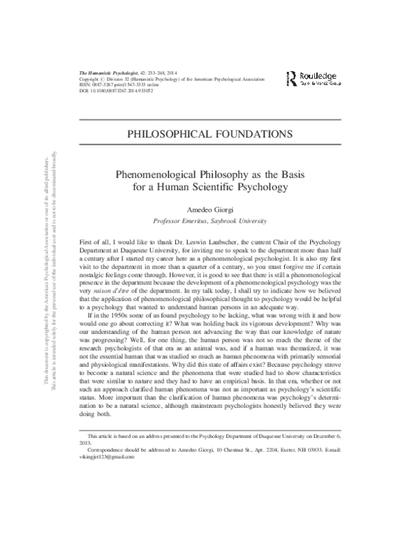 (PDF) Phenomenological philosophy as the basis for a human scientific ...