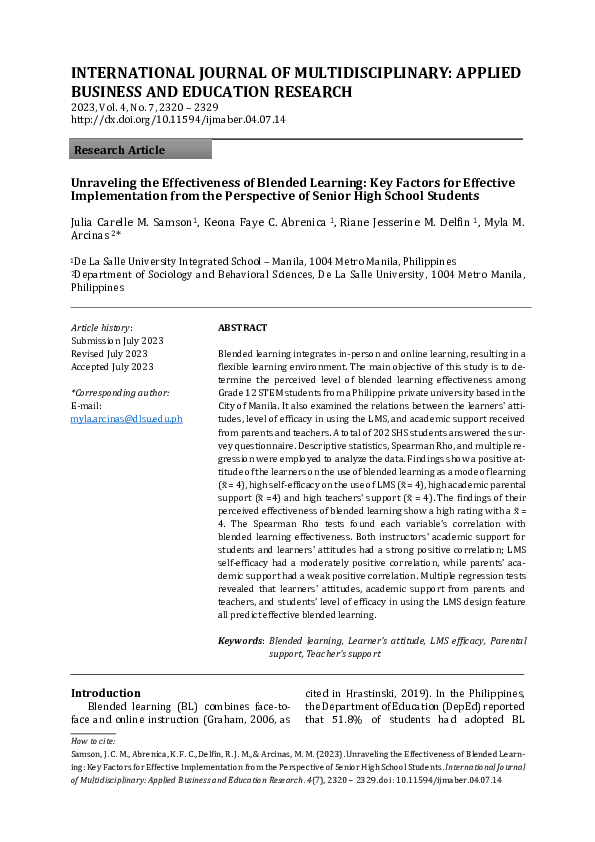 (PDF) Unraveling the Effectiveness of Blended Learning: Key Factors for Effective Implementation ...