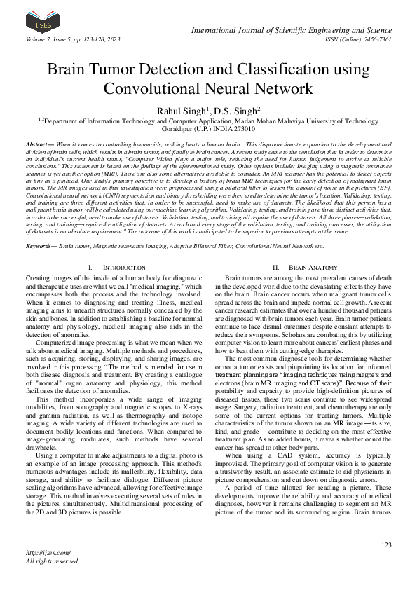 (PDF) Brain Tumor Detection and Classification using Convolutional Neural Network