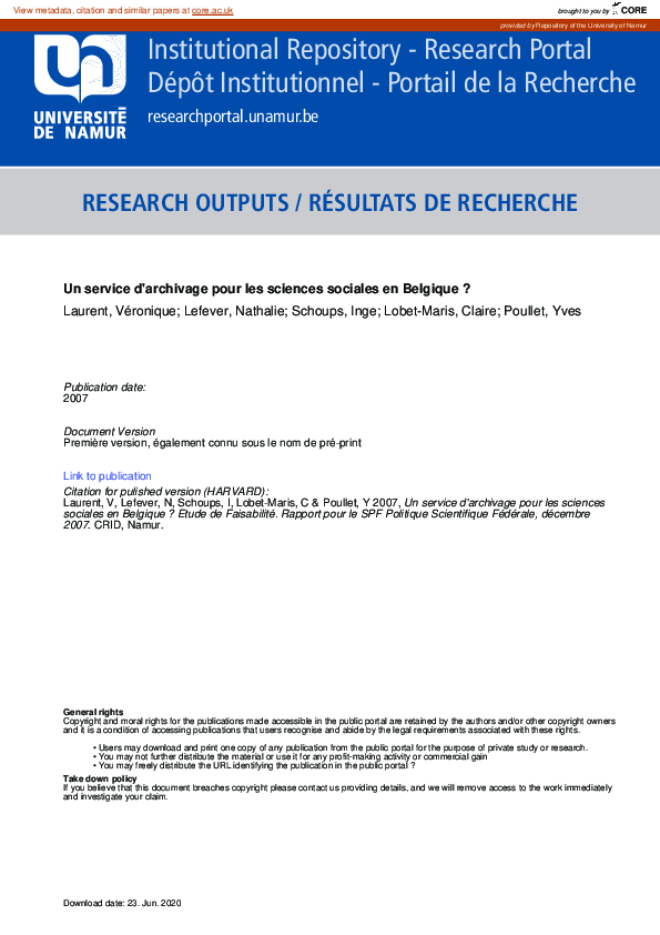 (PDF) Un service d'archivage pour les sciences sociales en Belgique ?: Etude de Faisabilité ...