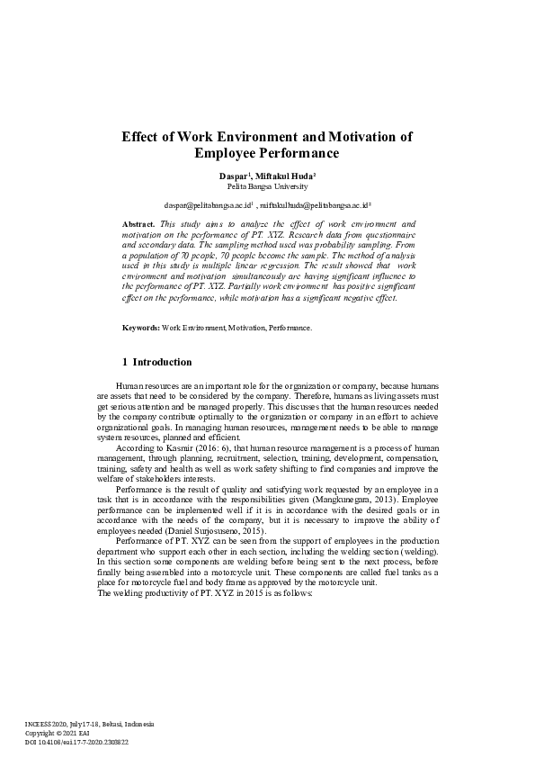 (PDF) Effect of Work Environment and Motivation of Employee Performance | miftakul huda ...