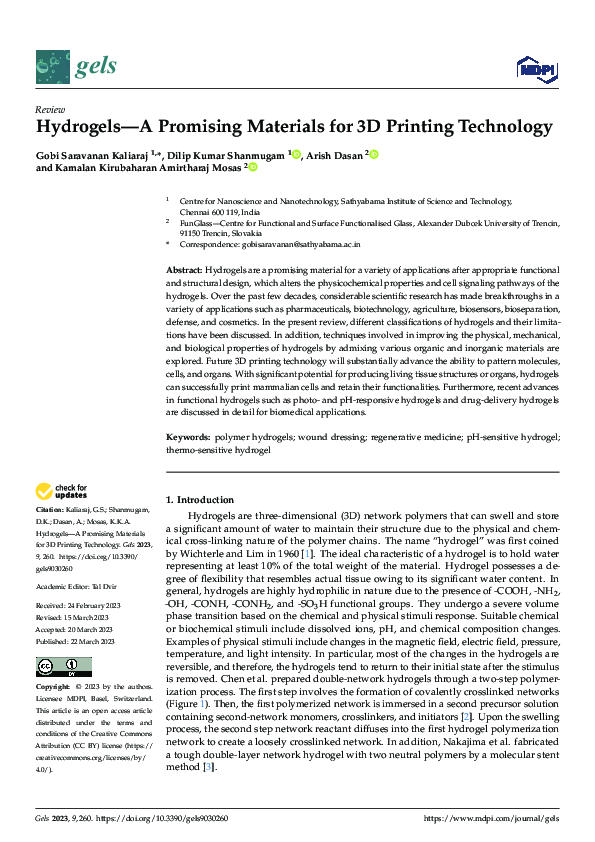 (PDF) Hydrogels—A Promising Materials for 3D Printing Technology