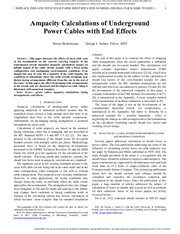(PDF) Ampacity Calculations of Underground Power Cables with End Effects