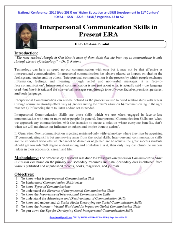 (PDF) Interpersonal communication skills in present era by Dr SR