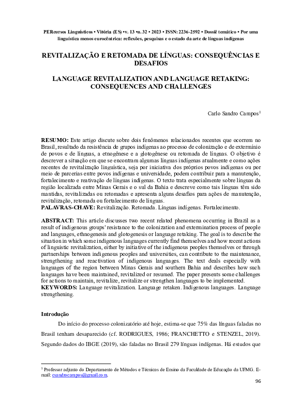 (PDF) REVITALIZAÇÃO E RETOMADA DE LÍNGUAS: CONSEQUÊNCIAS E DESAFIOS ...