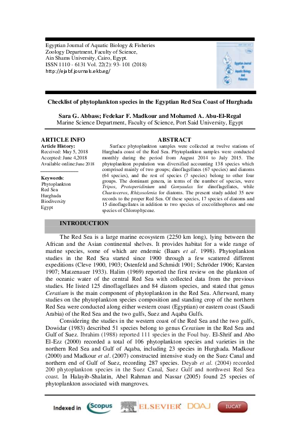 (PDF) Checklist of phytoplankton species in the Egyptian Red Sea Coast ...