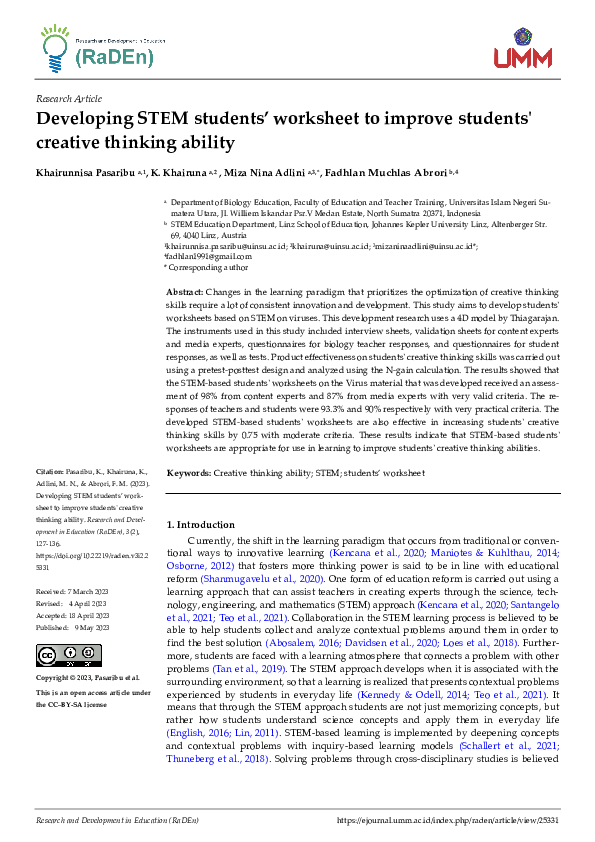 (PDF) Developing STEM students’ worksheet to improve students' creative thinking ability