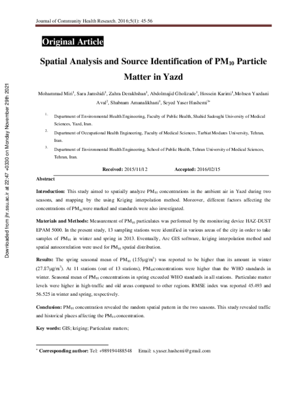 (PDF) Spatial Analysis and Source Identification of Particulate Matter (PM10) in Yazd City ...