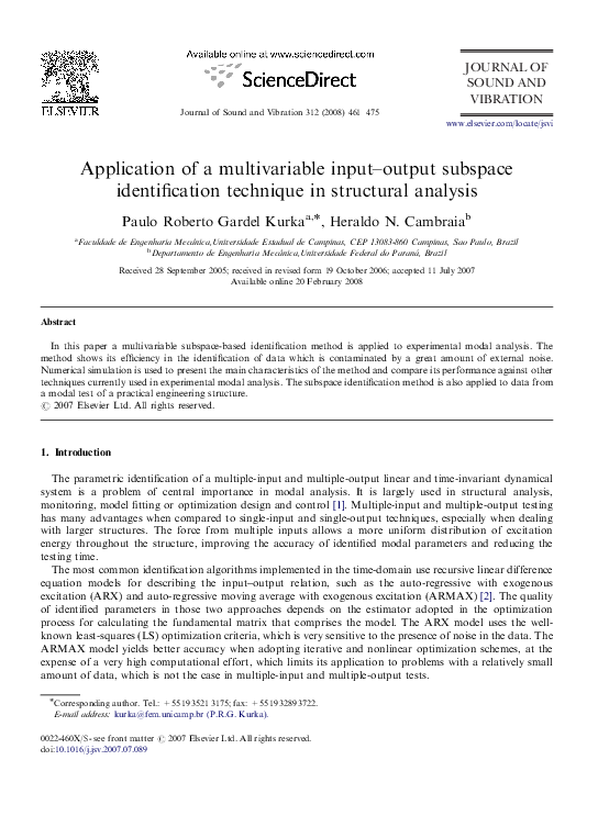 Pdf Application Of A Multivariable Inputoutput Subspace Identification Technique In