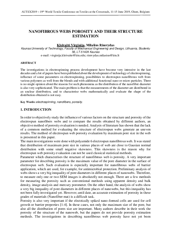 (PDF) Nanofibrous Webs Porosity and Their Structure Estimation