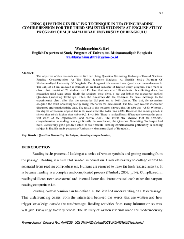 Pdf Using Question Generating Technique In Teaching Reading Comprehension For The Third
