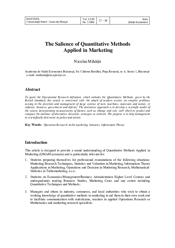 (PDF) The Salience of Quantitative Methods Applied in Marketing