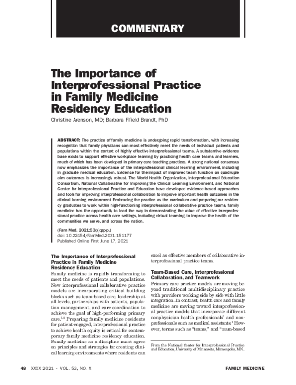 (PDF) The Importance of Interprofessional Practice in Family Medicine Residency Education