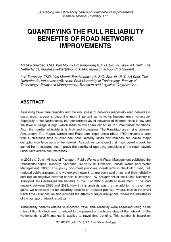 (PDF) Quantifying the full reliability benefits of road network improvements