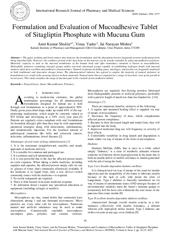 Pdf Formulation And Evaluation Of Mucoadhesive Tablet Of Sitagliptin Phosphate With Mucuna Gum