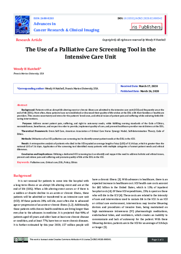 (PDF) The Use of a Palliative Care Screening Tool in the Intensive Care ...