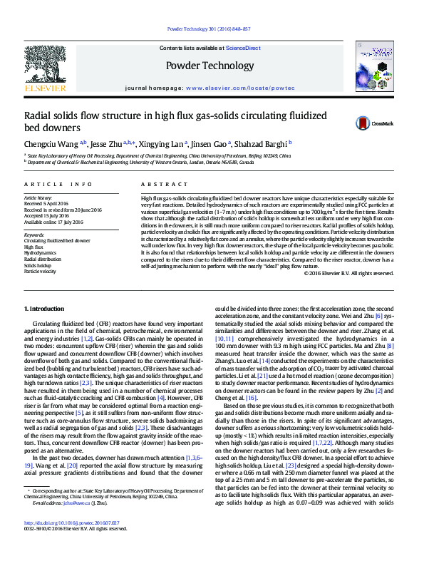 (PDF) Radial solids flow structure in high flux gas-solids circulating fluidized bed downers