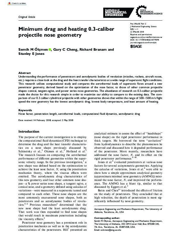 (PDF) Minimum drag and heating 0.3-caliber projectile nose geometry
