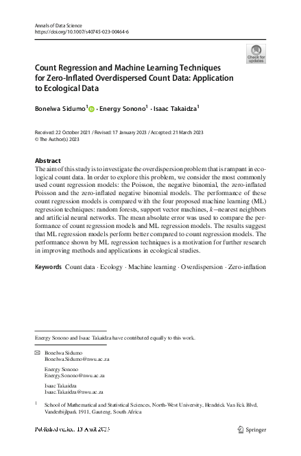 (PDF) Count Regression and Machine Learning Techniques for Zero-Inflated Overdispersed Count ...