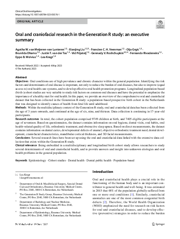 (PDF) Oral and craniofacial research in the Generation R study: an ...