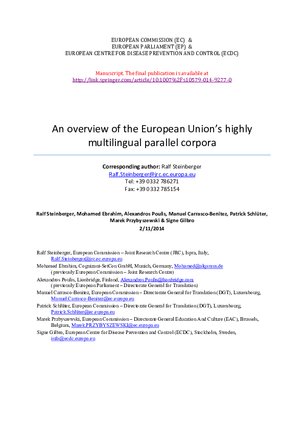 (PDF) An overview of the European Union’s highly multilingual parallel corpora