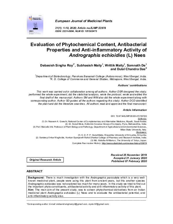 (PDF) Phytochemicals, Antibacterial & Anti-inflammatory Effects of Andrographis echioidies
