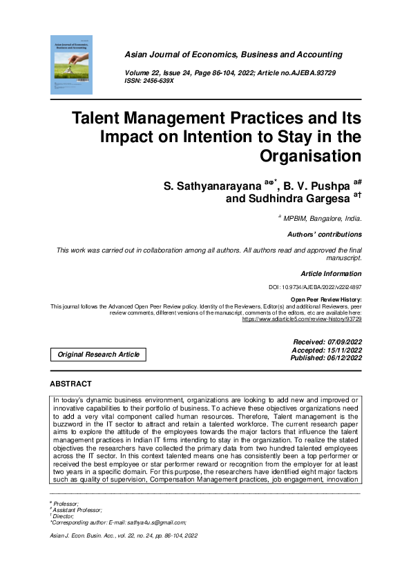 (PDF) Talent Management Practices and Its Impact on Intention to Stay in the Organisation