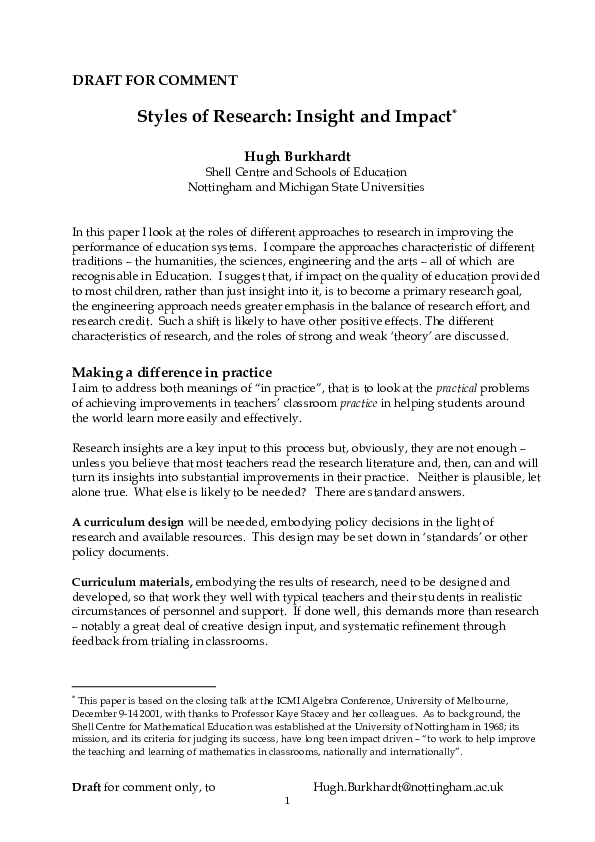 (PDF) DRAFT FOR COMMENT Styles of Research : Insight and Impact