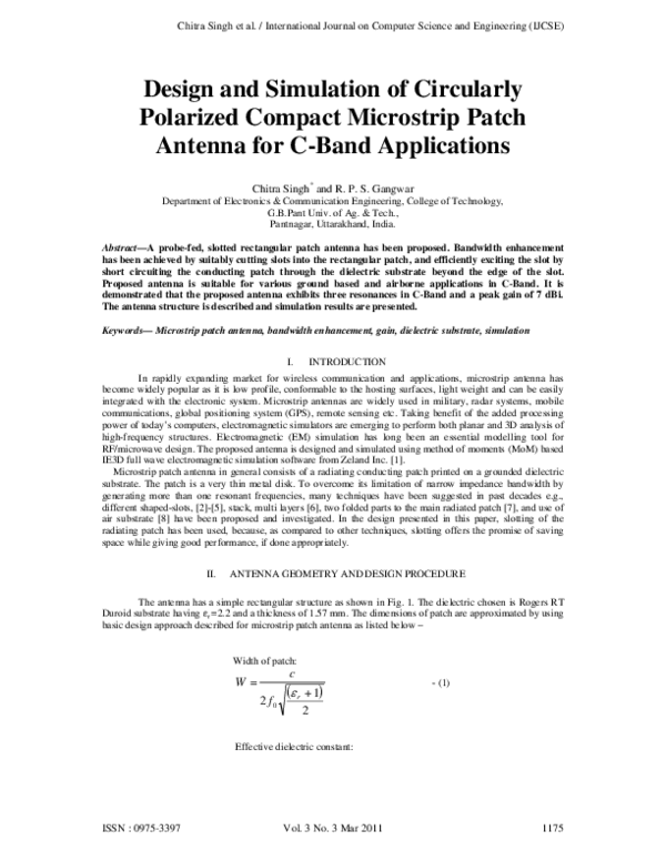 (PDF) Design and Simulation of Circularly Polarized Compact Microstrip Patch Antenna for C-Band ...