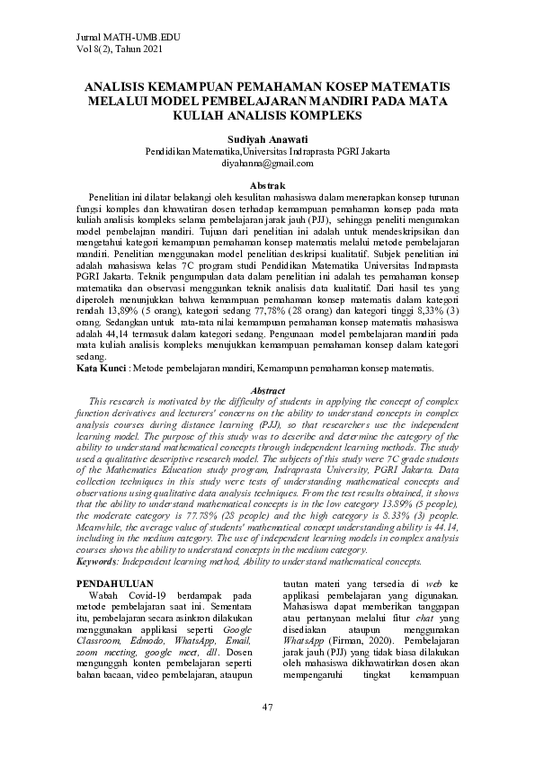 (PDF) Analisis Kemampuan Pemahaman Kosep Matematis Melalui Model Pembelajaran Mandiri Pada Mata ...
