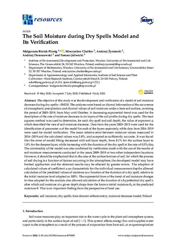 (PDF) The Soil Moisture during Dry Spells Model and Its Verification ...