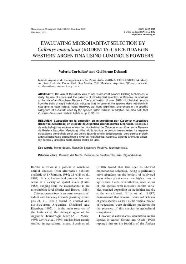 (PDF) Evaluación de la selección de microhábitat por Calomys musculinus ...
