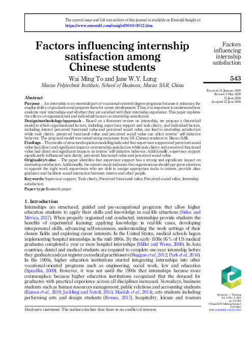 (PDF) Factors influencing internship satisfaction among Chinese students