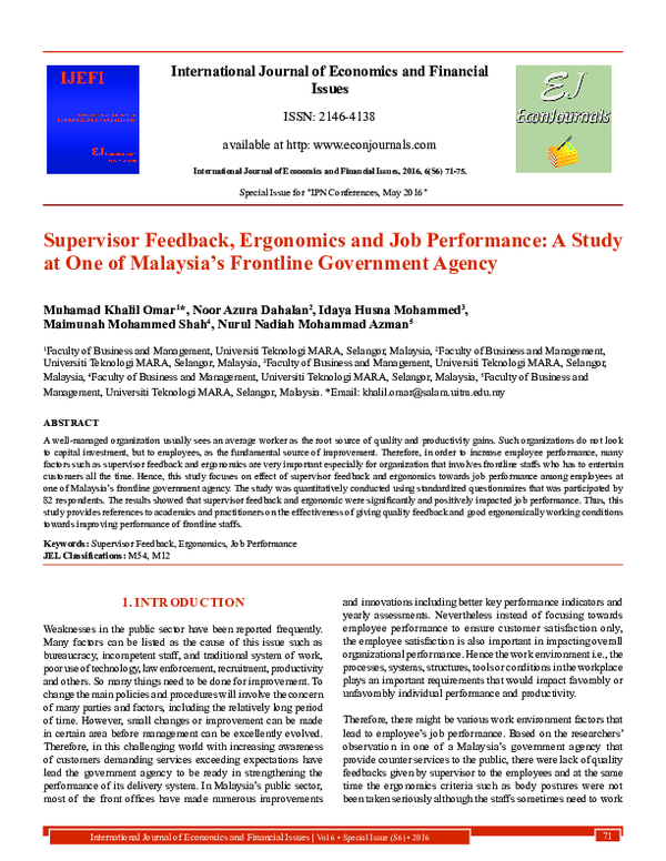 (PDF) Supervisor Feedback, Ergonomics and Job Performance: A Study at ...