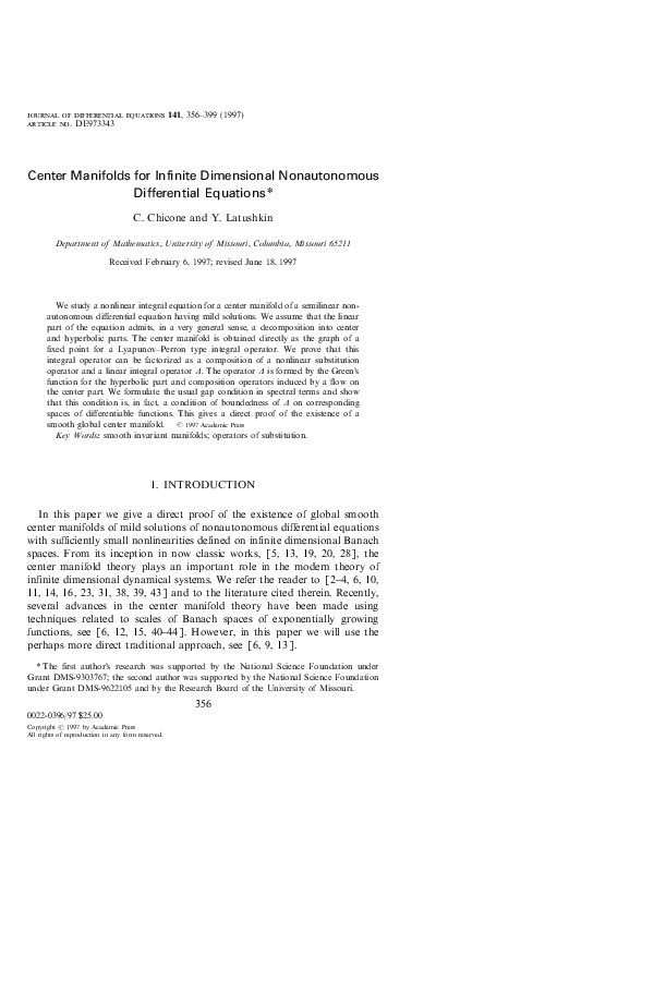 (PDF) Center Manifolds for Infinite Dimensional Nonautonomous Differential Equations