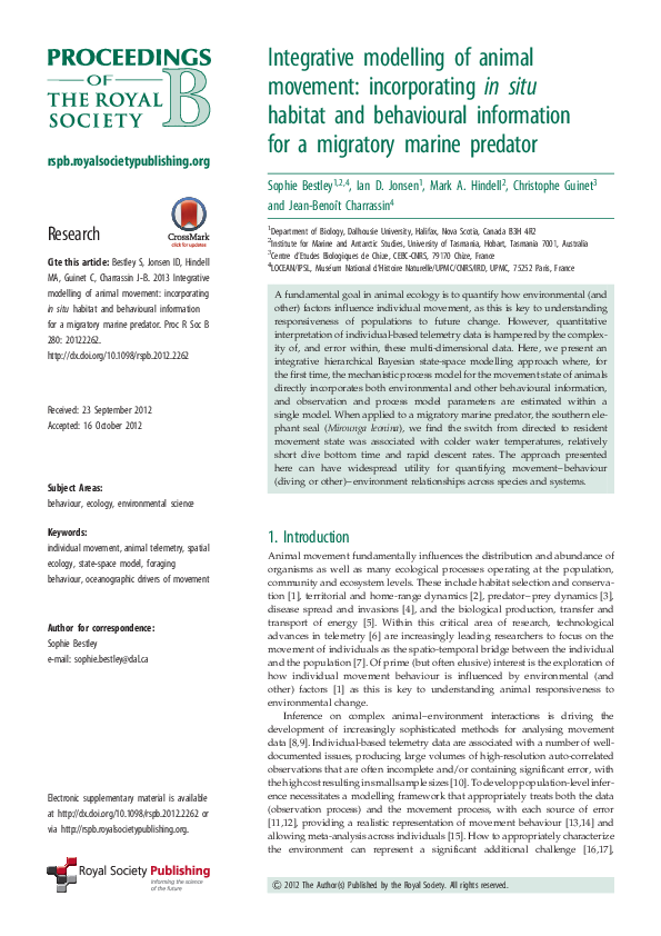 (PDF) Integrative modelling of animal movement: incorporating in situ ...