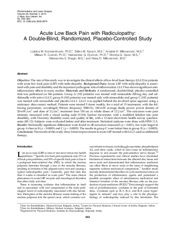 (PDF) Acute Low Back Pain with Radiculopathy: A Double-Blind, Randomized, Placebo-Controlled Study