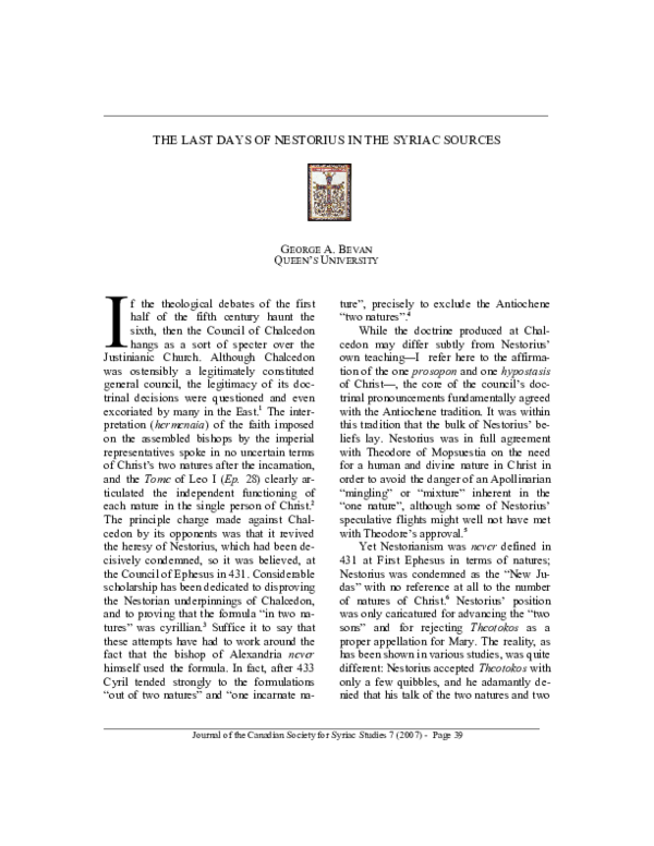 (PDF) The Last Days of Nestorius in Syriac Sources