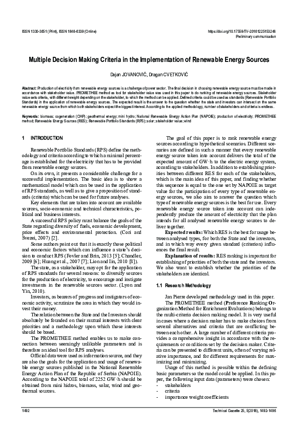 Pdf Multiple Decision Making Criteria In The Implementation Of Renewable Energy Sources